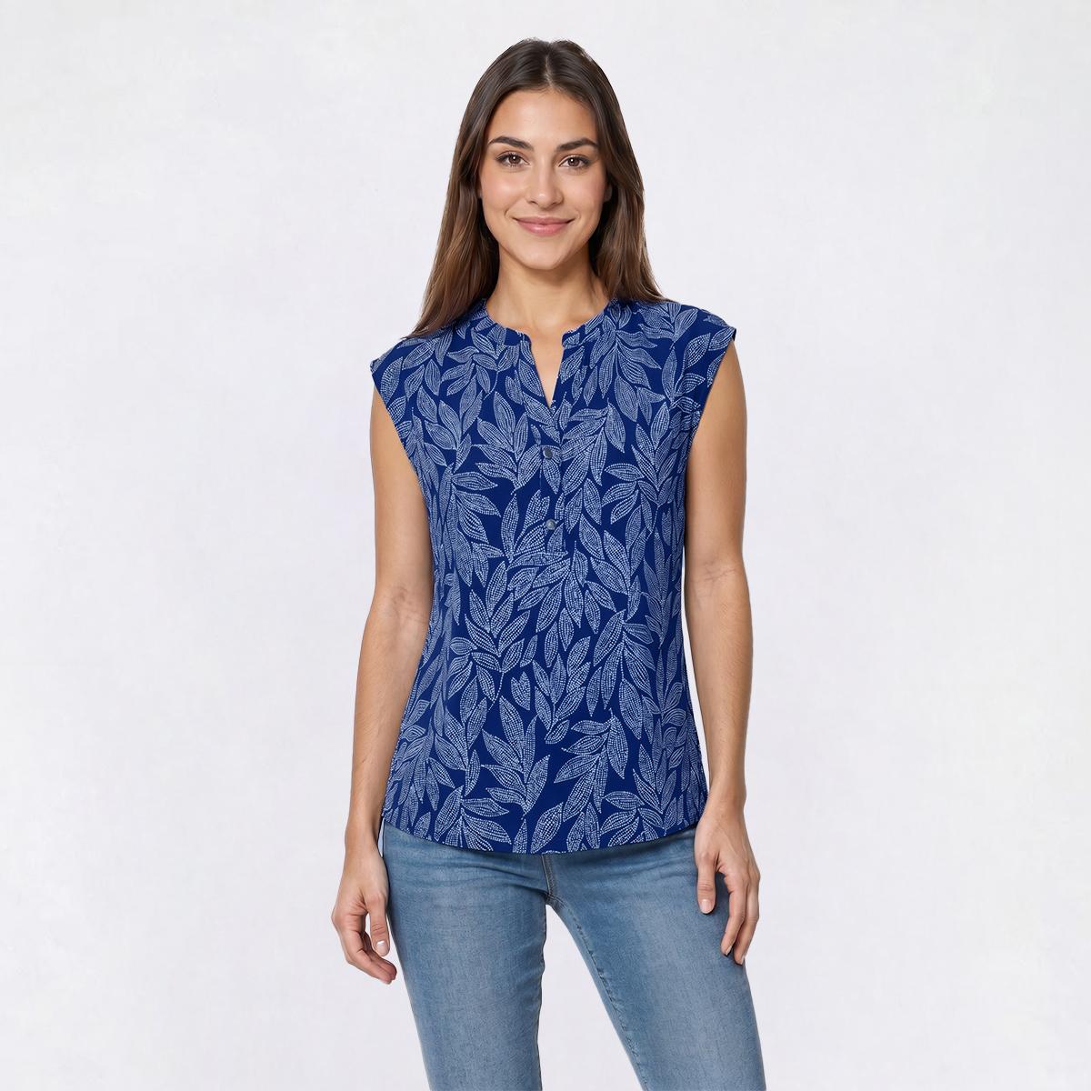 Click here for Petite AK Anne Klein Sleeveless Split Neck Leaf Bl... prices